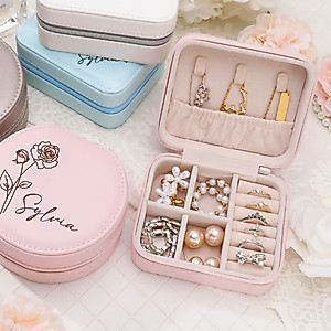 Party-rainday Bridesmaid Proposal Gifts Custom Leather Jewelry Box, Birth Flower Travel Jewelry Case Ring Box, Personalized Jewelry Organizer (Champagne)