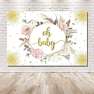MEHOFOND Boho Pampas Baby Shower Backdrop for Girls Gold Glitter Sequins Dots Blush Pink Floral Photography Background Oh Baby Banner Announce Pregnancy Party Decorations Photo Booth Props 8X6ft