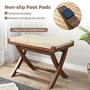 Tangkula Folding Natural Rattan Ottoman, Saddle Footrest Stool with Hand-Woven Seat & X-Shaped Teak Wood Frame, 16.5”H Vanity Accent Stool for Living Room Bedroom Entryway (1)