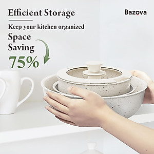 Bazova 11 Pcs Pots and Pans Set Non Stick with Removable Handles,Ceramic Cookware Set Non Toxic,Induction Kitchen Cooking Sets,Nonstick RV Cookware,Dishwasher/Oven Safe,PFAS/PTFE/PFOA Free,Cream White