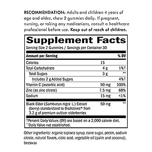 Nature's Way Sambucus Black Elderberry Gummies with Vitamin C and Zinc, 60 Gummies