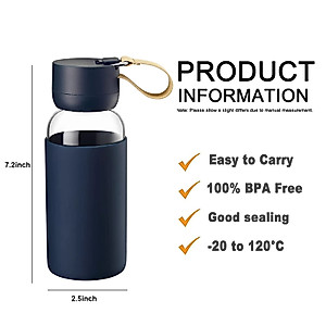 Aurfedes Borosilicate glass water bottle, with sealing cap and silicone sleeve, reusable glass water bottle, suitable for beverage, juice, soda, cola, as gift, etc (Blue)