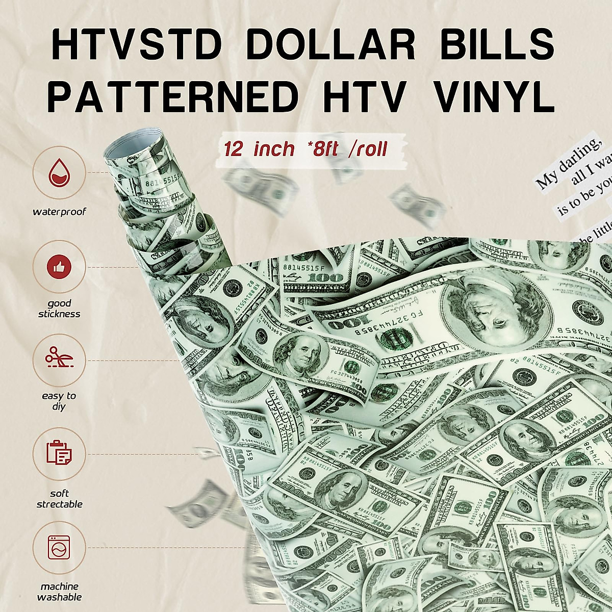 HTVSTD Heat Transfer Vinyl Roll - Hundred Dollars Patterned HTV Vinyl Heat Transfer Vinyl HTV Money Patterned Iron On Vinyl for T-Shirts Heat Transfer Vinyl for Fabrics (12inches*5ft)