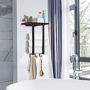 Towel Rack for Bathroom Towel Holder with Wooden Shelf and 3 Hooks Wall Mounted Towel Hanger Storage Organizer for Rolled Towels RV Metal Matte Black