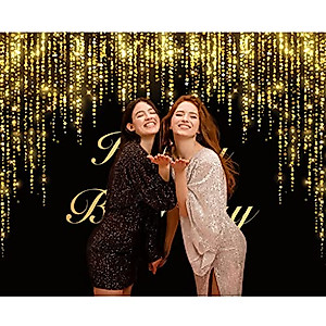 Dienalls 7x5ft Happy Birthday Backdrop for Women Girls Black and Gold Glitter Bokeh Sequin Spots Background for Photography Golden Sparkle Shining Photo Booth Props Party Banner Cake Table Decor