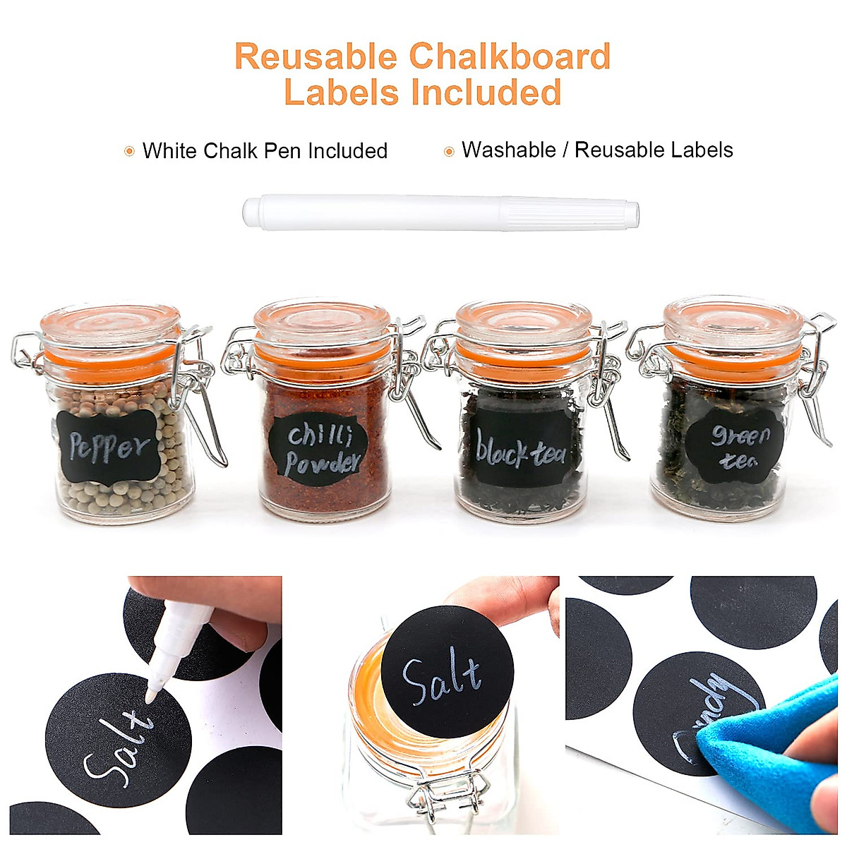 Homelike Style 1.7 oz Mini Glass Spice Jars with Labels, Small Stash Jars with Airtight Hinged Lid, 12 Pack Empty Spice Bottles with Rubber Gasket for Herb Tea Seasoning Storage