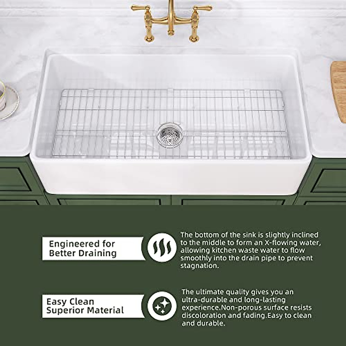 TUKTUK White Farmhouse Sink 36 Inch Fireclay Apron Front Single Bowl Kitchen Sinks Deep Drop In Farm Sink Undermount Luxury Bottom Grid & Strainer Drain Included