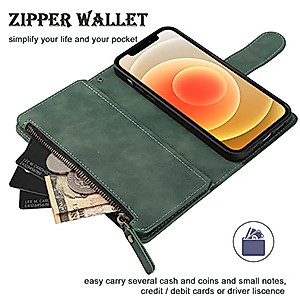 RANYOK Wallet Case Compatible with iPhone 13 (6.1 inch), Premium PU Leather Zipper Folio Wallet RFID Blocking with Wrist Strap Magnetic Closure Built-in Kickstand Protective Case (Black Green)