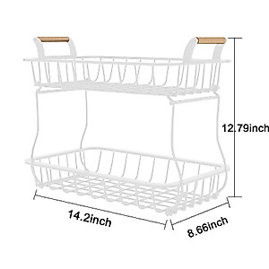 2 Tier Fruit Storage Basket Countertop for Kitchen, Bread Vegetable Farmhouse Fruit Basket Bowl Stand Detachable Metal Wire Basket with Wooden Handle for Kitchen, Reception, Dining Table（White）