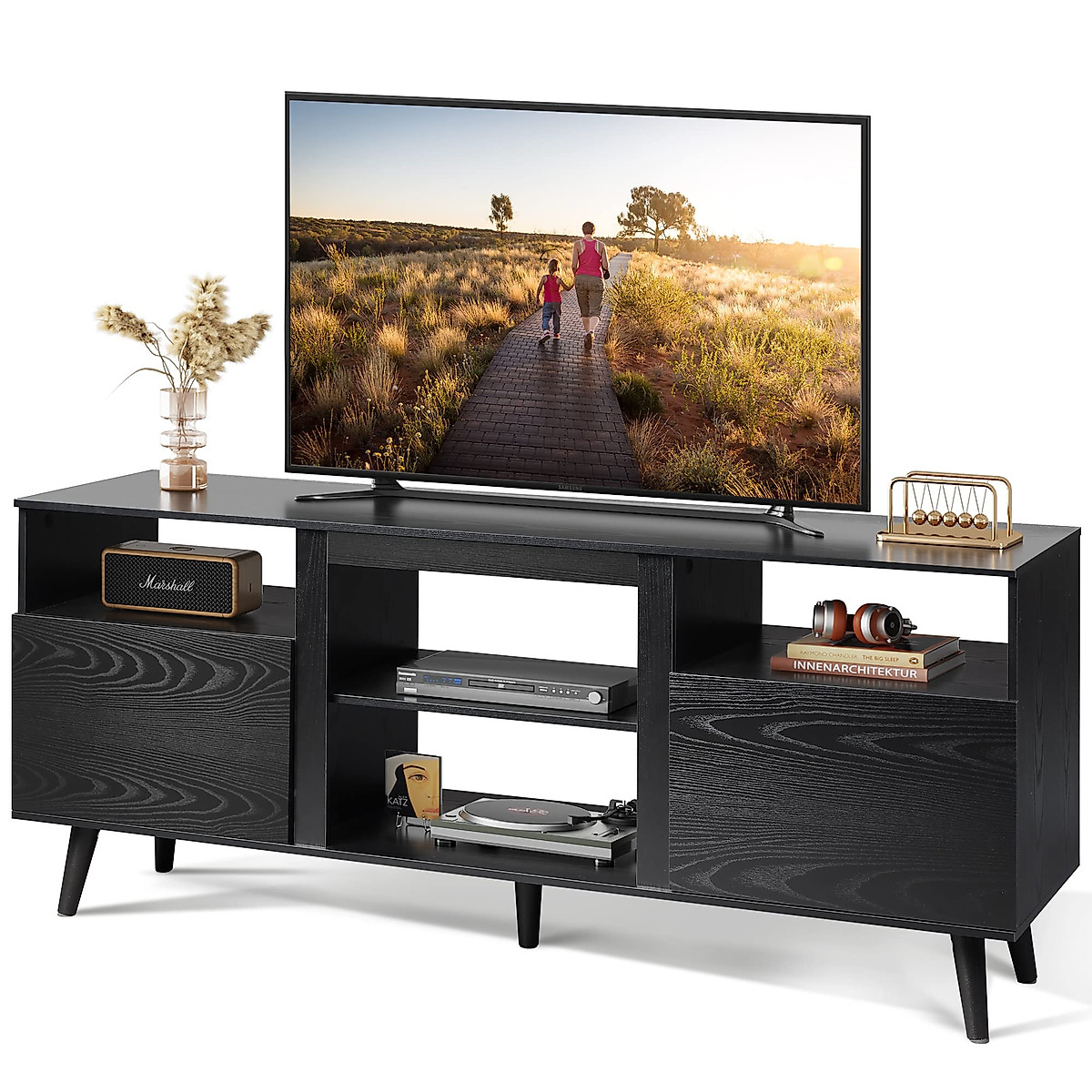 WLIVE TV Stand for 65 Inch TV, 58 inch Entertainment Center with 2 Storage Cabinets, Media Console for Living Room, Bedroom and Office, Black