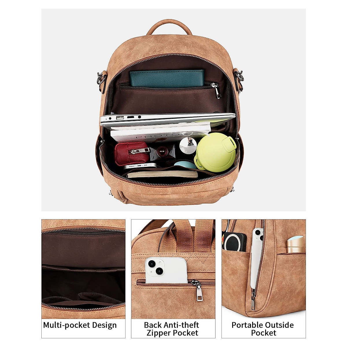 FADEON Leather Laptop Backpack Purse for Women Small Designer Laptop Bag,Multi-Pockets Travel Ladies Shoulder Bag Brown