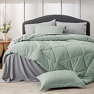 Bedsure Sage Green Queen Comforter Set - 7 Pieces Reversible Bed Set Sage Green Bed in a Bag Queen with Comforters, Sheets, Pillowcases & Shams, Queen Bedding Sets