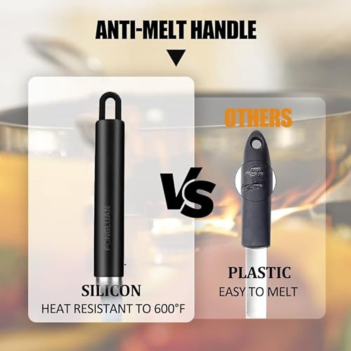 FONGLUAN Kitchen Utensils, Set of 5, Silicone Cooking Utensils Set with Stainless Steel Handle, Turner/Spatula, Spoon, Ladle, Whisk, Masher, Heat Resistant, Nonstick Cookware, Dishwasher Safe, Black