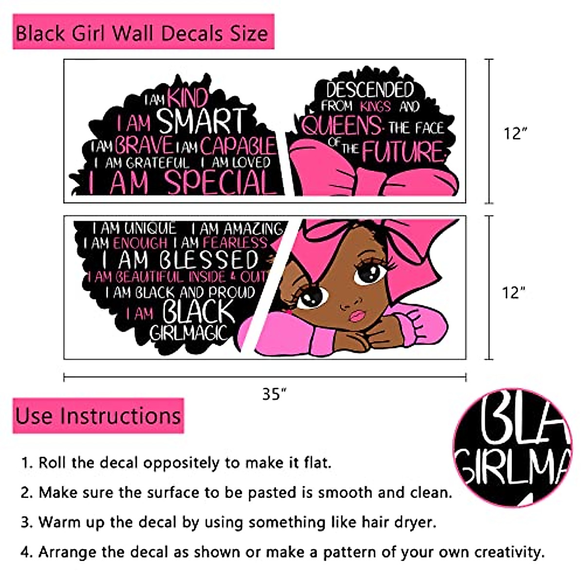 Yovkky Black Girl Magic I Am Special Inspirational Quote Wall Decal Pink Motivational Saying African American Sticker Nursery Positive Decor Baby Toddler Room Decoration Afro Kid Bedroom Playroom Art