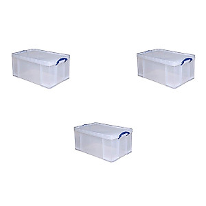 Really Useful Clear Transparent Plastic Storage Box, 64 Liters Features Attached Handles Make It Easy to Carry (Three Pack)