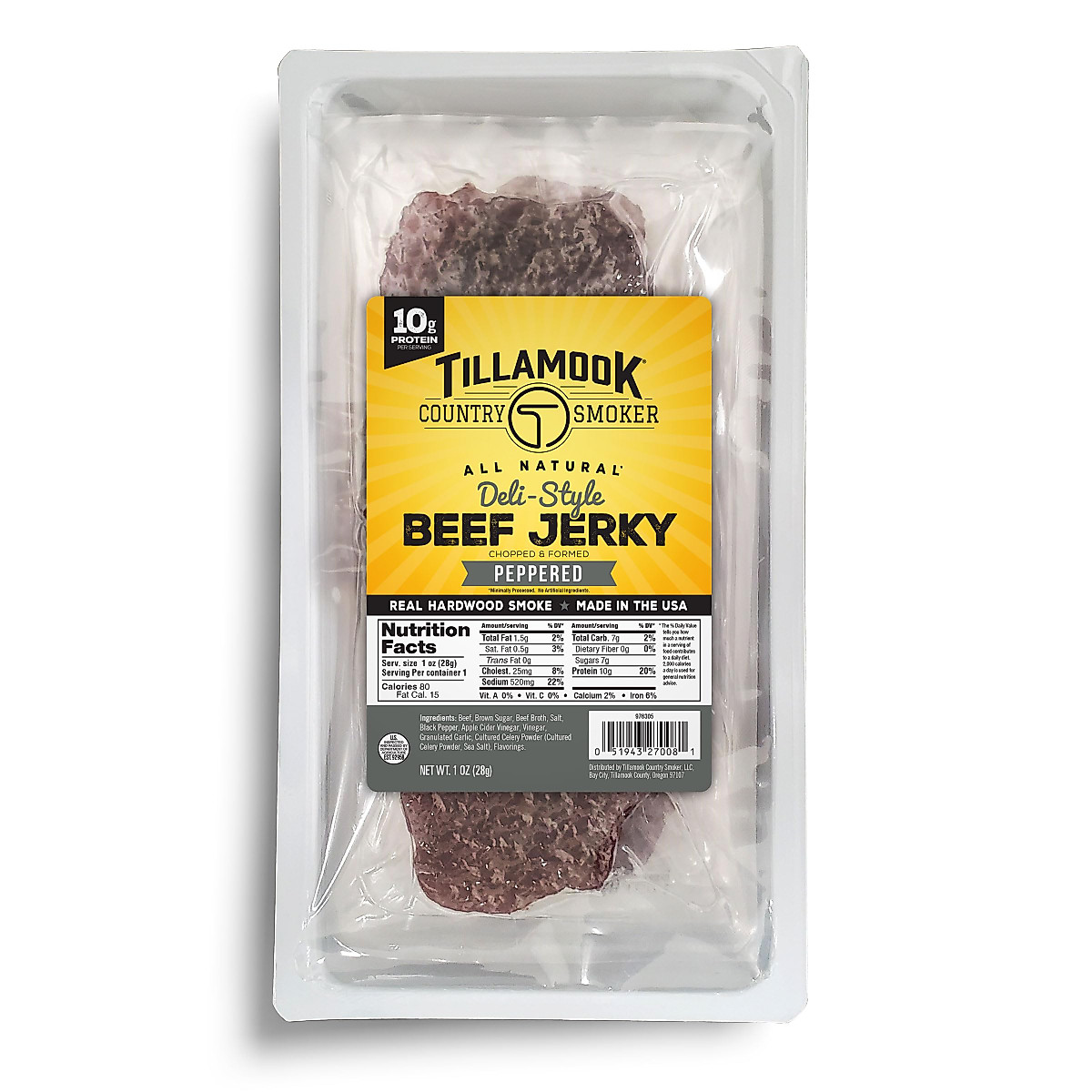 Tillamook Beef Jerky, Country Smoker Peppered Deli Style Thin Sliced Slab, Low Carb, High Protein, Ready to Eat Keto Snacks, Chopped & Formed Slabs,12 Count Tray