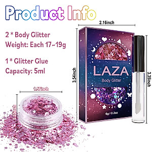 Laza Body Glitter, 2 Jars Holographic Chunky Sequins with Glitter Glue Perfect for Women Eyeshadow Makeup Face Paint Festival Rave Outfits Hair Accessories Carnival Party Costumes - Laser Galaxy