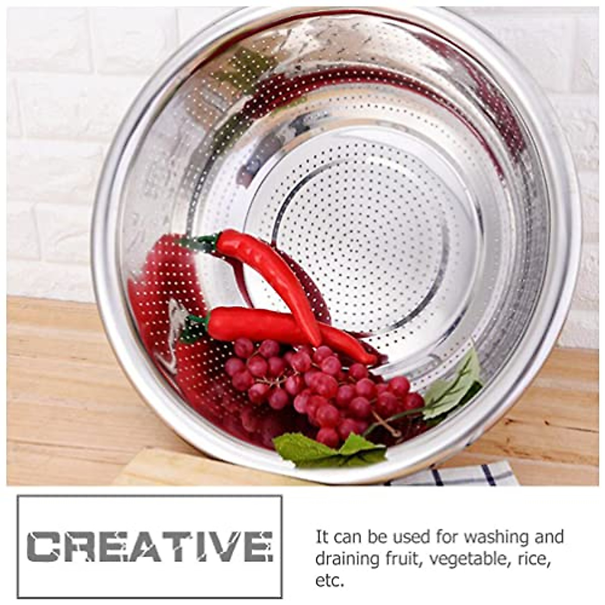 Hemoton Stainless Steel Rice Washing Bowl Kitchen Strainer Colander Bowl Fruit Vegetable Washing Basket for Rice Food Pasta Colander Drain Basket (Silver)