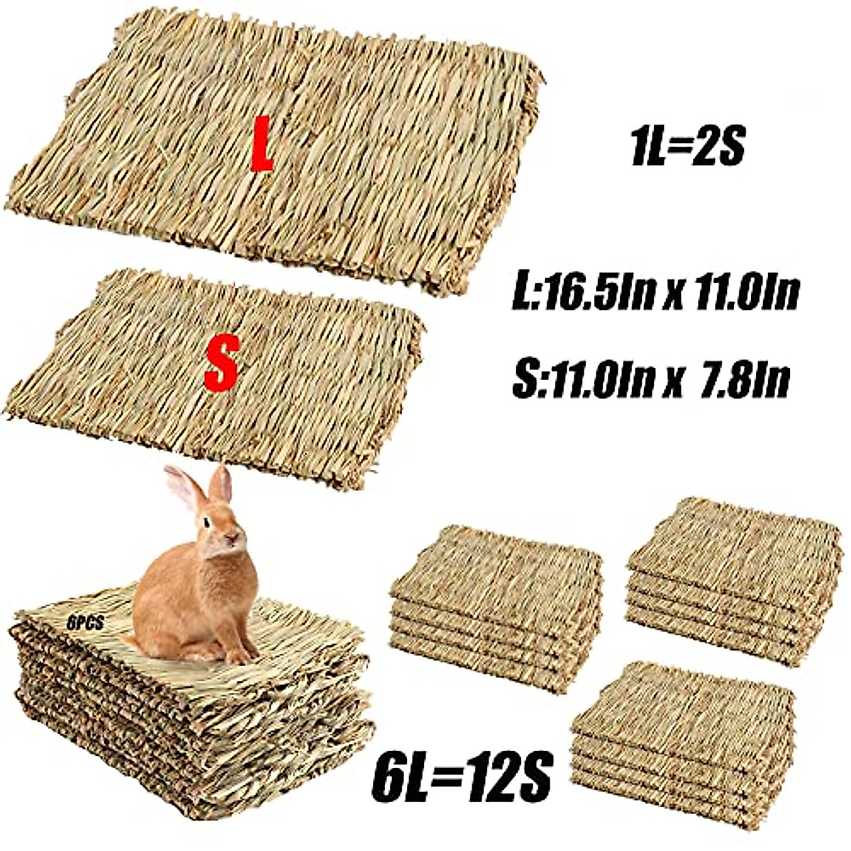 Tfwadmx Rabbit Grass Mats,16.5''x11''Large Natural Woven Seagrass Mat Bunny Bed Chew Mat Sleep for Chinchillas Guinea Pigs Ferret Hamster Squirrel and Small Animals -6 Pcs