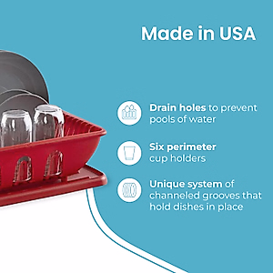 Sturdy Hard Plastic Red Sink Set Dish Rack with Drainer & Drainboard, Easy to Clean with Snap Lock Tab Cup Holders for Home Kitchen Sink Organizer (Red, Medium)