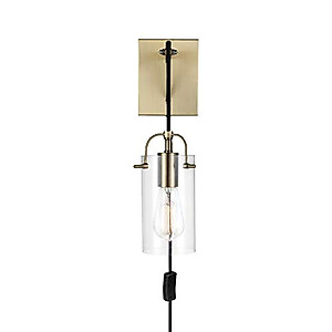 Globe Electric 51629 Nordhaven 1-Light Plug-in or Hardwire Wall Sconce, Antique Brass, Pulley Accent, Clear Glass Shade, Bulb Included