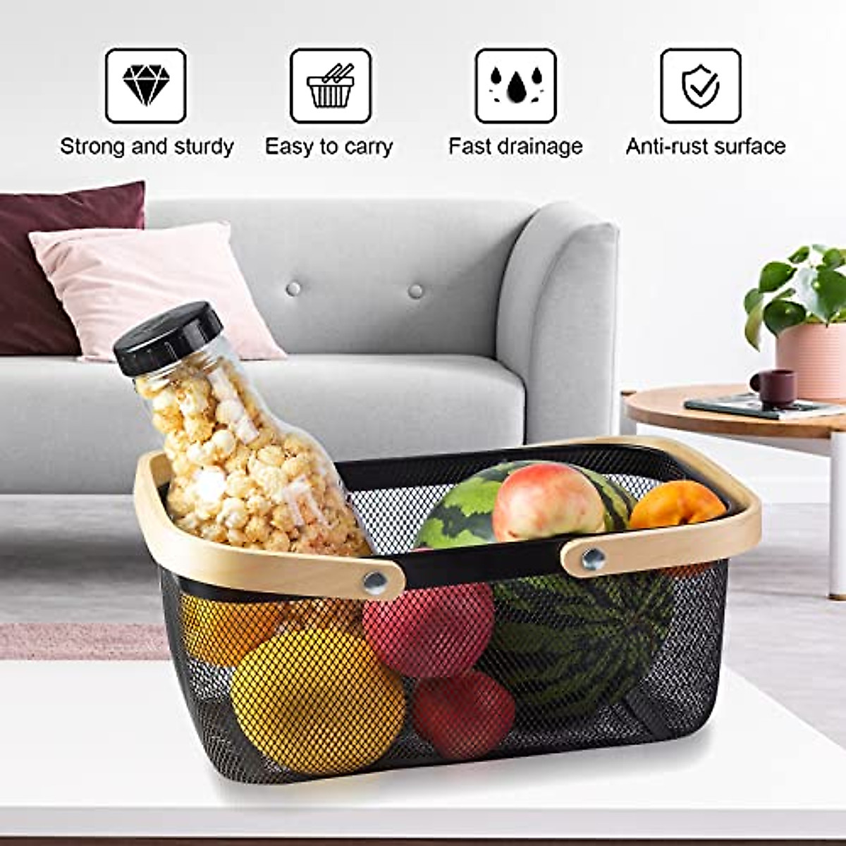 MACOIOR Portable Garden Basket-Mesh Design Natural Bamboo Handle Wire Storage Baskets,Mesh Basket with Handle Organize Items Reduce Space Occupation,Suitable for Kitchen,Garden,Picnic(Black)