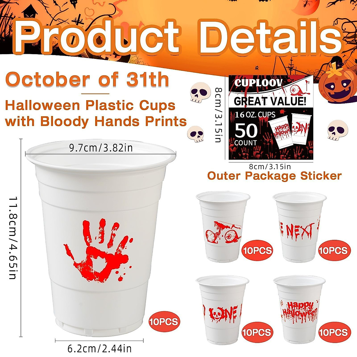 50Pcs Halloween Solo Cups for Party Decorations, 16 Oz Halloween Plastic Disposable Cups with Scary Bloody Hands Print for Kids Adults Halloween Party Supplies Favors
