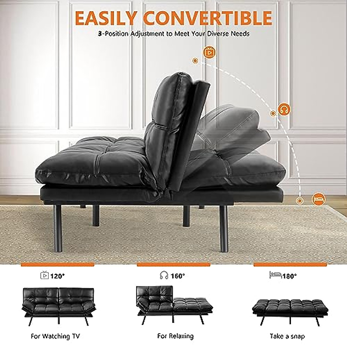 Sweetcrispy Futon Sofa Bed - Sleeper Convertible Futon Couch, Memory Foam Couch Convertible Loveseat for Living Room, Leather, Black