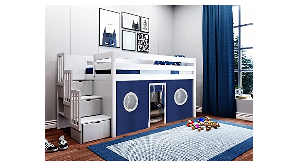 JACKPOT! Low Loft Bed with Tent for Kids - White & Blue