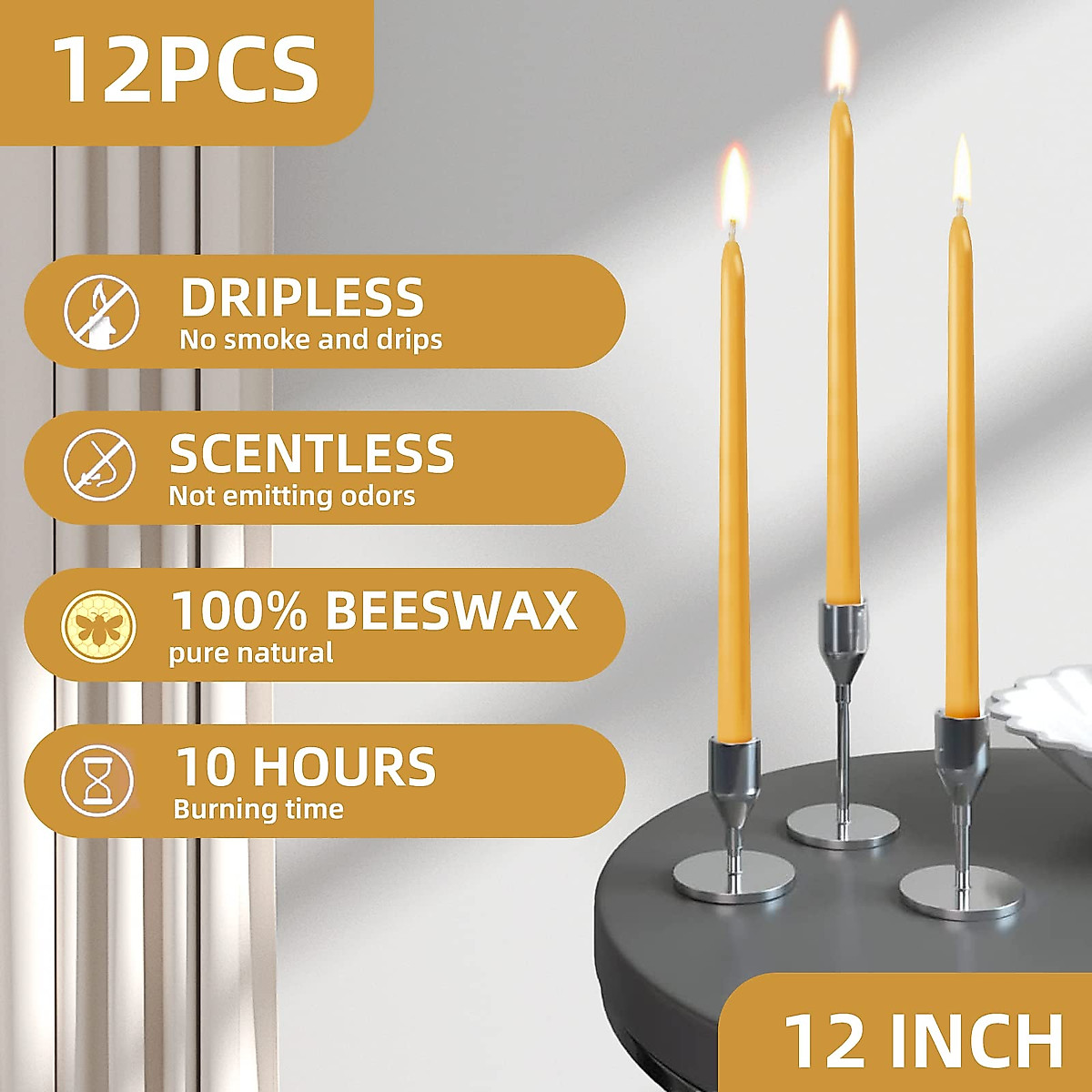 12 Pack Taper Beeswax Candles 12 Inch - Handcrafted, Dripless, and 10 Hours Long Burning Beeswax Candles for Elegant Dining, Relaxing, and Celebrating - Set The Mood with Natural Beeswax Candles