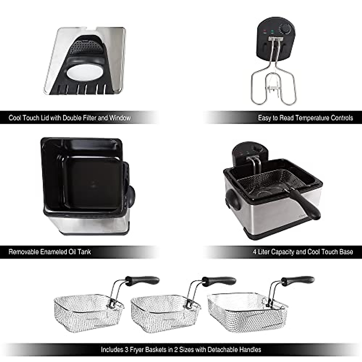 Electric Deep Fryer- 3 Fry Baskets, 1 Large and 2 Small for Dual Use- At Home Stainless Steel Hot Oil Cooker by Classic Cuisine (4 Liter)