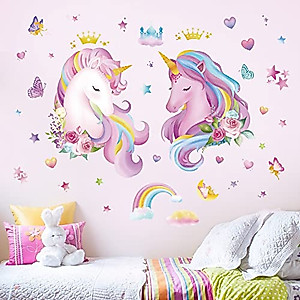 decalmile 2 Large Size Unicorn Wall Decals Pink Rainbow Heart Wall Stickers Girls Bedroom Baby Nursery Kids Room Wall Decor Gifts for Kids