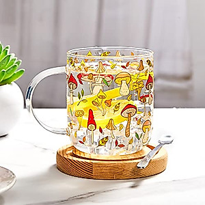 Mushroom Mug with Handle, 15oz Clear Mushroom Glass Cup, Cute Mushroom Stuff Coffee Mug with Stainless Steel Desert Spoon Long Teaspoons for Coffee Tea Milk Gift Decor