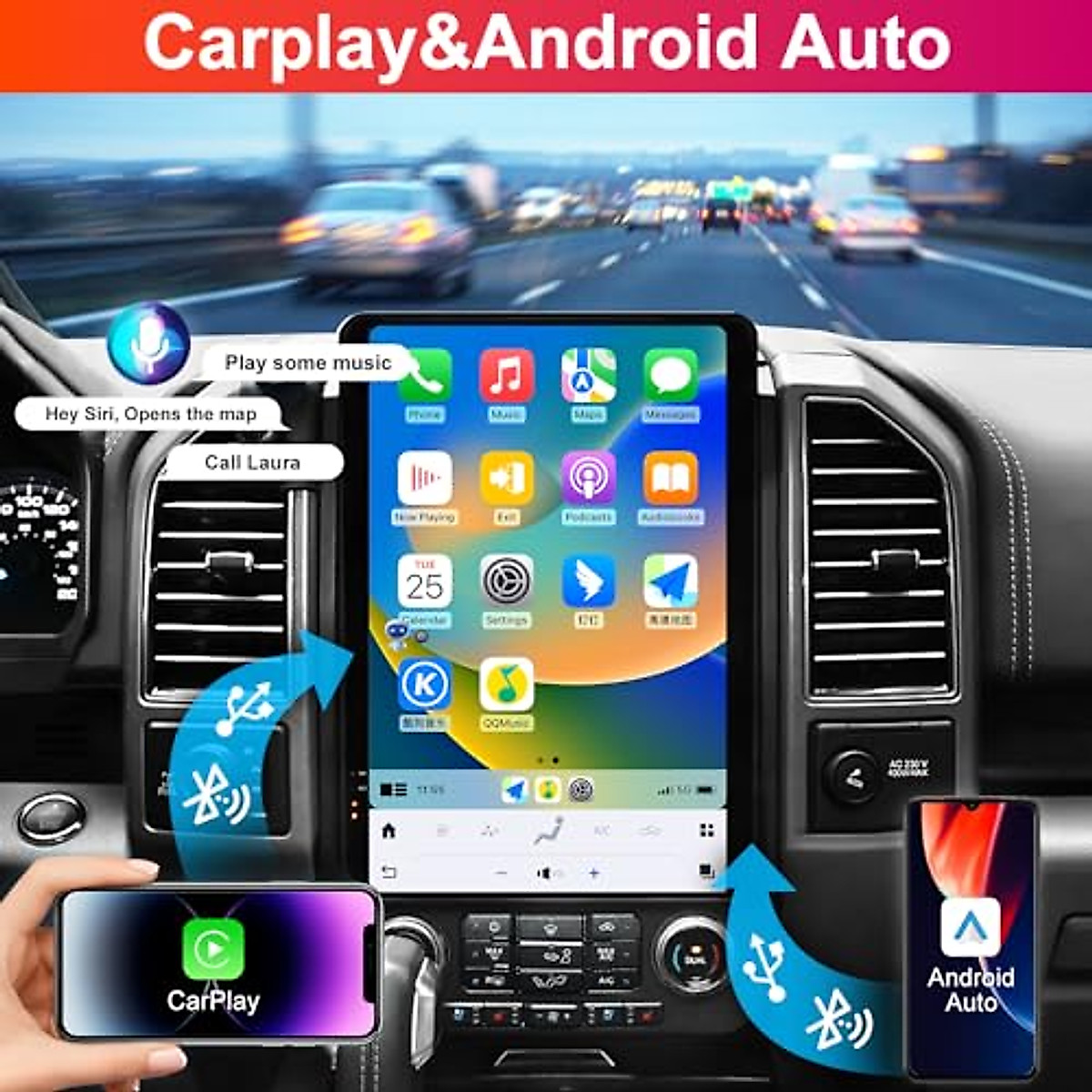 Qualcomm Android 11 Car Radio for Ford F150 F-150 2015-2021 Lobo Wolf Stereo Replacement Head Unit 14.4 Inch IPS Tesla Style Carplay Android Auto Navigation Multimedia Play SYNC3 AUTO AC