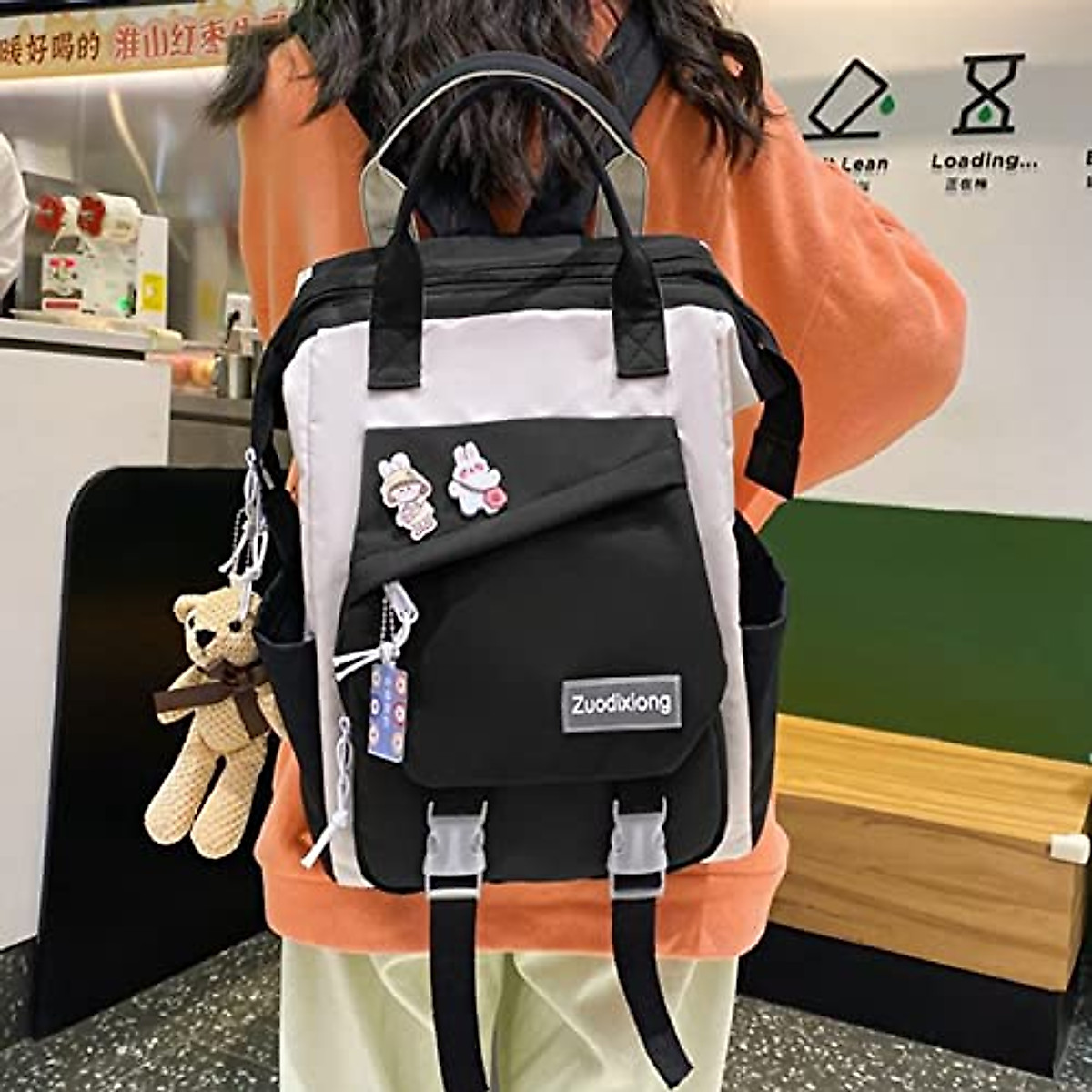 Treonca Kawaii Backpack with Kawaii Pin and Accessories Girl Backpack Cute Shoulder Tote Bag Laptop Schoolbag for Students Backpack (Black)