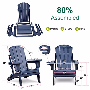 UmiPatio Folding Adirondack Chair - Durable Blue HDPE Outdoor Furniture for Patio, Lawn & Garden - Comfortable and Space-Saving Design