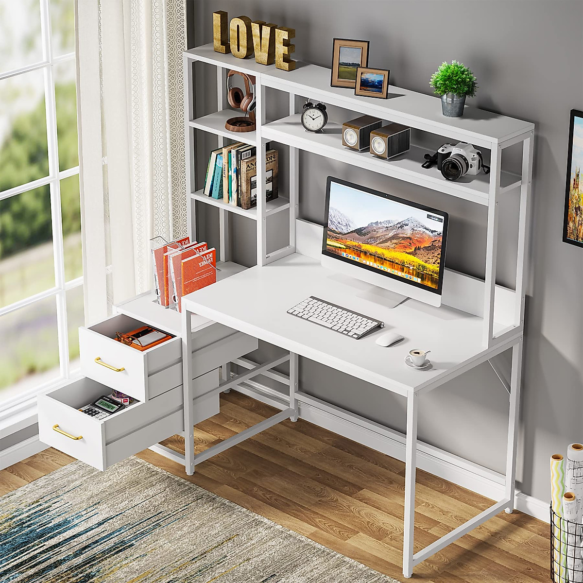 Tribesigns 55 Inch Computer Desk with 2 Drawers and Storage Shelves, White Office Desk with Hutch, Modern Study Writing Gaming Table Laptop Workstation for Home Office (White)
