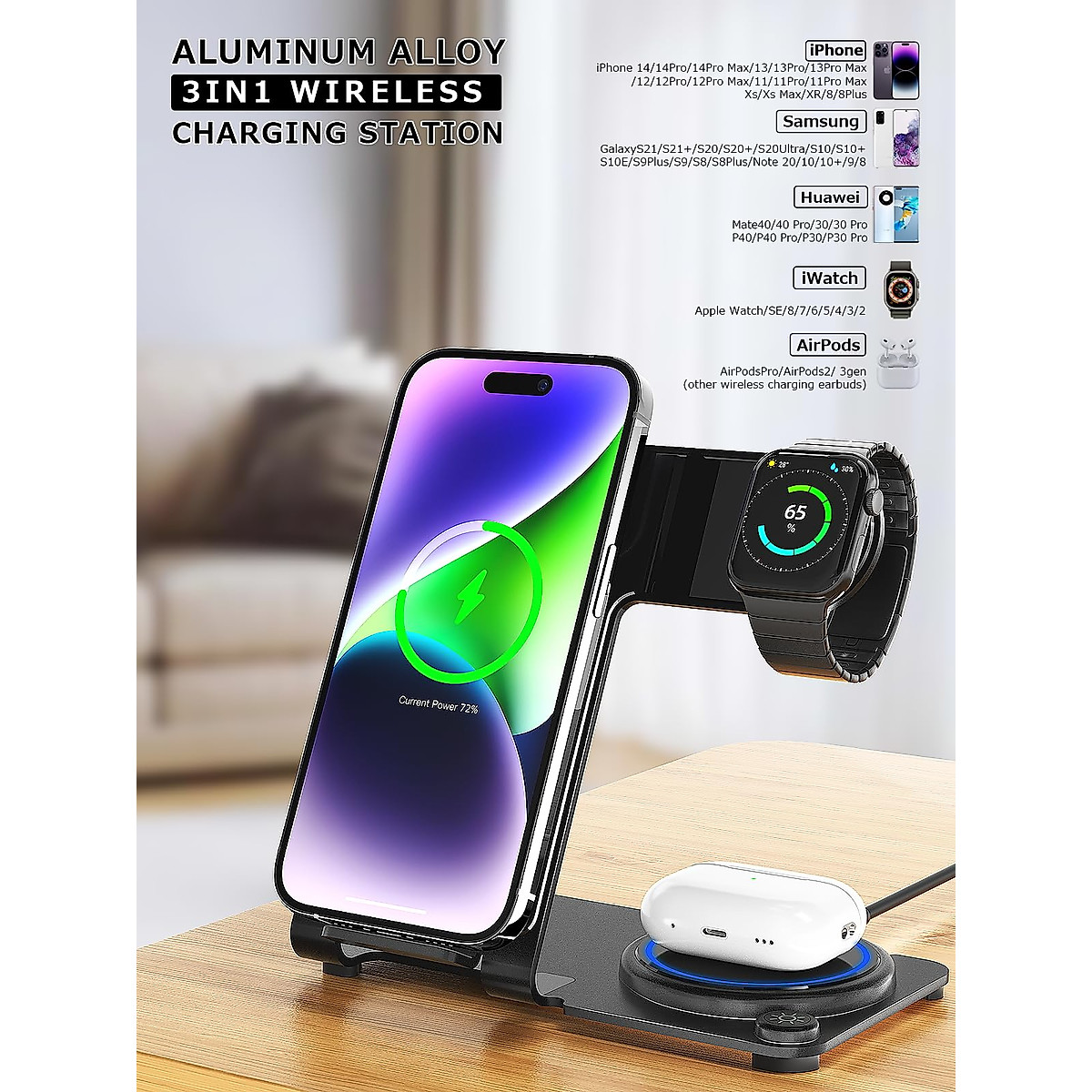 Wireless Charger 3 in 1,Aluminum Alloy Wireless Charging Stand 18W Fast Charging for iPhone 15/14/13/12/11/Pro/Max/XS/XR/X/8, iWatch9/8/7/6/5/4/3/2/SE, Airpods Pro/3/2