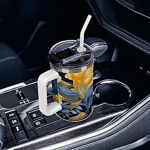 LLUTSNTH 40 Oz Vacuum Tumbler with White Handle Leakproof Insulated Tumbler Blue Base Yellow Floral Stainless Steel Travel Mug with Lid And Straw Coffee Cup Cute Water Bottles Cup Holder Friendly