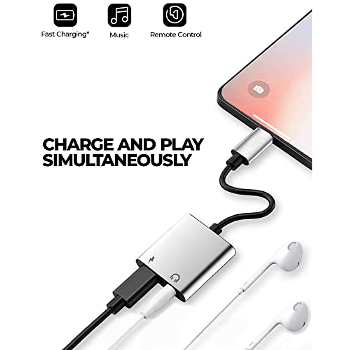 2 Pack Headphone Adapter for iPhone, [Apple MFi Certified] 2 in 1 Lightning to 3.5mm AUX Audio + Charger Splitter Adaptor Compatible with iPhone 14/13/12/11/XS/XR/X/8/7/iPad, Support All iOS System