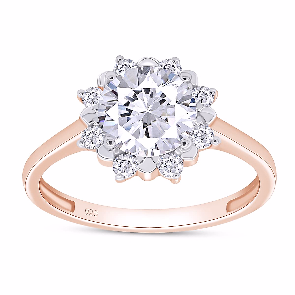 SAVEARTH DIAMONDS Round Cut Lab Created Moissanite Diamond Flower Solitaire Halo Engagement Ring In 14K Rose Gold Over Sterling Silver Jewelry For Women (1.40 Cttw) Ring Size -5.5