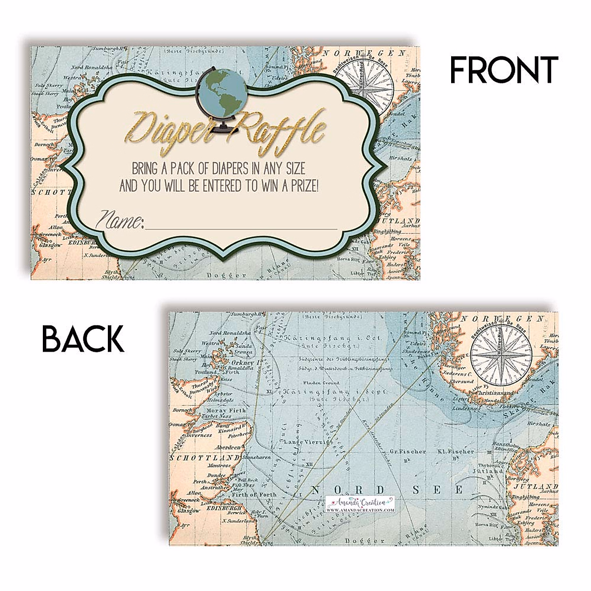 Adventure Awaits World Traveler Gender Neutral Diaper Raffle Tickets for Baby Showers, 20 2" X 3” Double Sided Inserts, Bring a Pack of Diapers to Win Favors & Prizes!