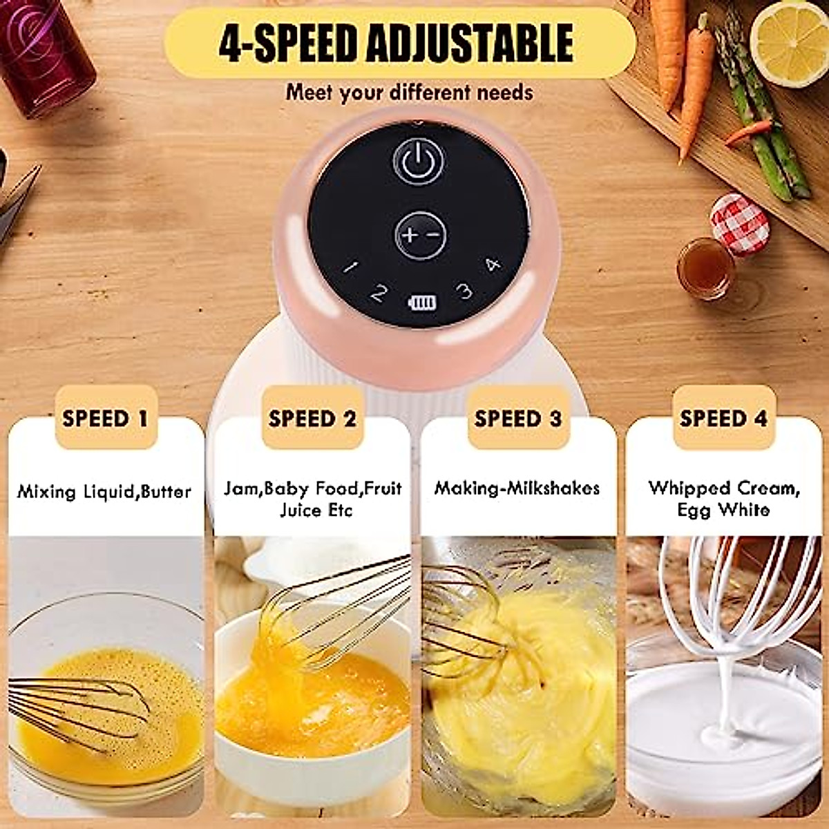 Electric Hand Mixer with 2 Whisks for Cooking Baking Supplies 4-Speed, Rechargeable Portable and Cordless Mini Food Processor for Baby Food Blender Puree & Meat,Ginger,Chili,Onion and Garlic Chopper