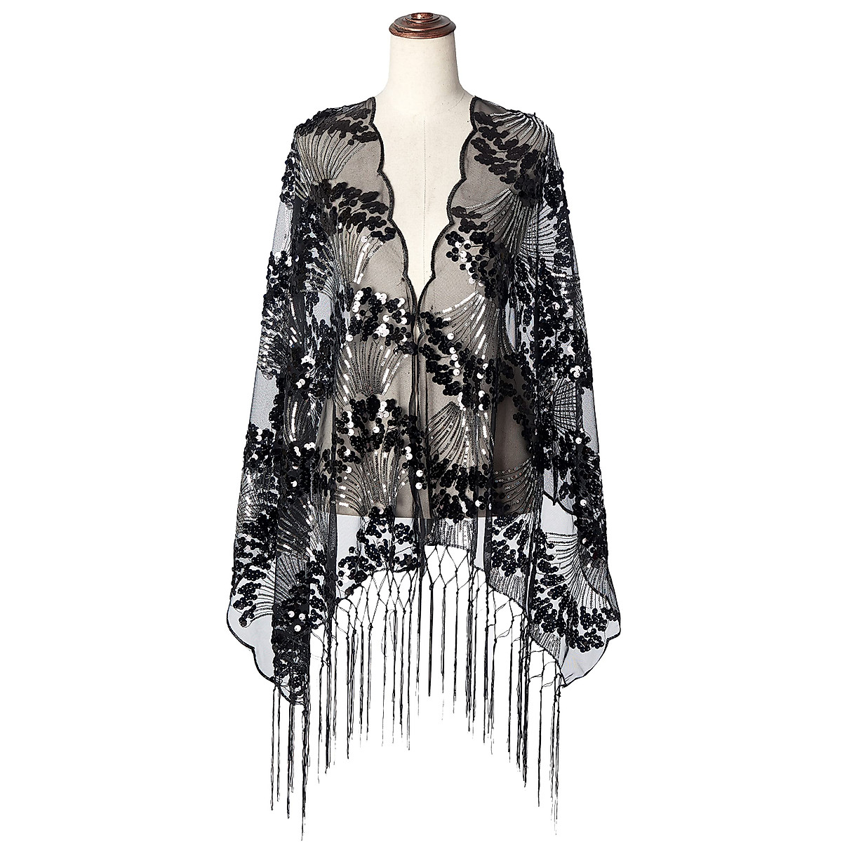 BABEYOND 1920s Sequin Shawl Fringed Evening Cape Wedding Bridal Shawl (Black)