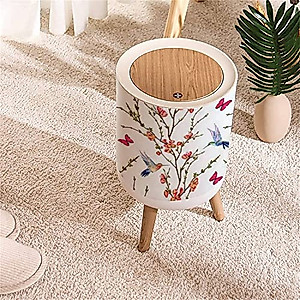 Small Trash Can with Lid Seamless Floral with Hand Drawn Hummingbirds Tropical Japanese Flowers Round Recycle Bin Press Top Dog Proof Wastebasket for Kitchen Bathroom Bedroom Office 7L/1.8 Gallon