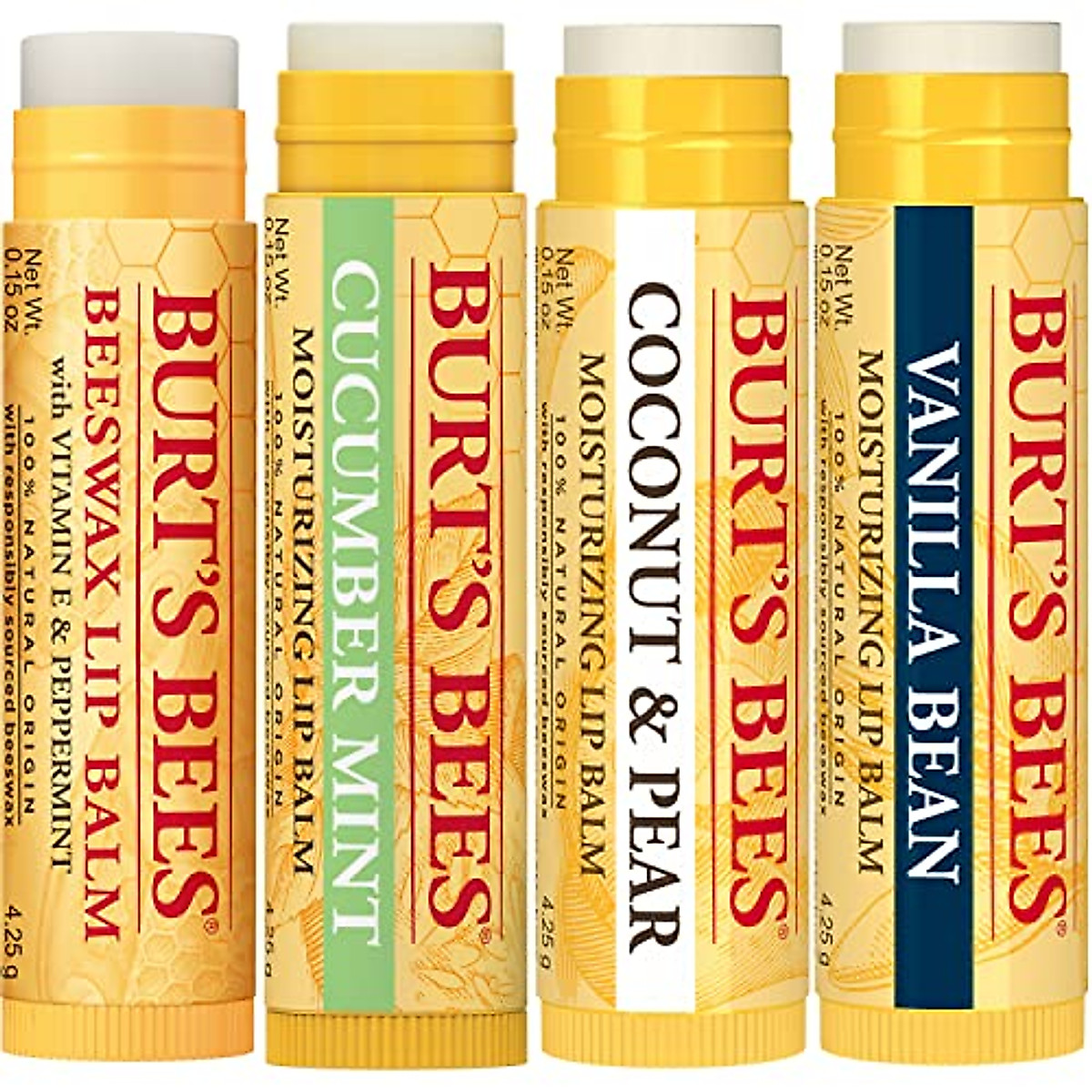 Burt's Bees Lip Balm Easter Basket Stuffers, Moisturizing Lip Care Spring Gift, for All Day Hydration, 100% Natural, Original Beeswax, Cucumber Mint, Coconut & Pear & Vanilla (4 Pack)