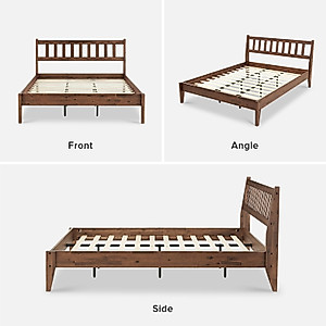 mopio Ted Bed Frame with Headboard, Mid Century Modern Acacia Solid Wood Platform Bed Frame, Wooden Bed Slats, No Box Spring Needed, Double Metal Bar Support, Walnut (Queen Bed)