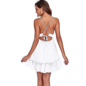 ZAFUL Womens V Neck Sexy Backless Dress Criss Cross Adjustable Spaghetti Strap Short Dress White M