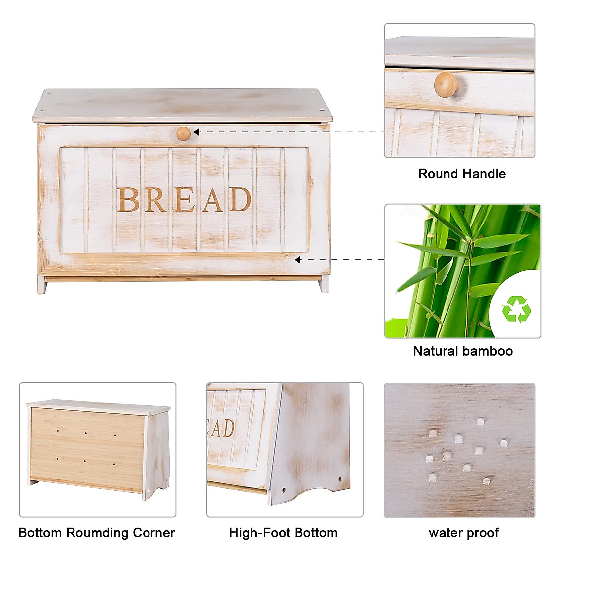HOMEKOKO Vintage Large Wood Bread Box for Kitchen Counter, Retro Design Single Layer Bamboo Large Capacity Food Storage Bin (White)