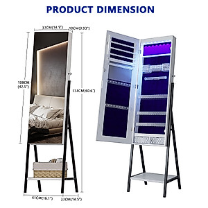 Lvifur LED Jewelry Armoire Freestanding, 42'' Full Length Mirror Large Capacity Jewelry Organizer Armoire with 8 LEDs, Lockable Floor Standing Mirror All in One for Bedroom (42'' White)